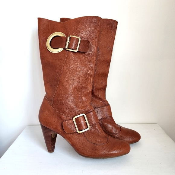 BCBGirls | Shoes | Bcbg Girls Cognac Brown Leather Pull On Boots Brass ...